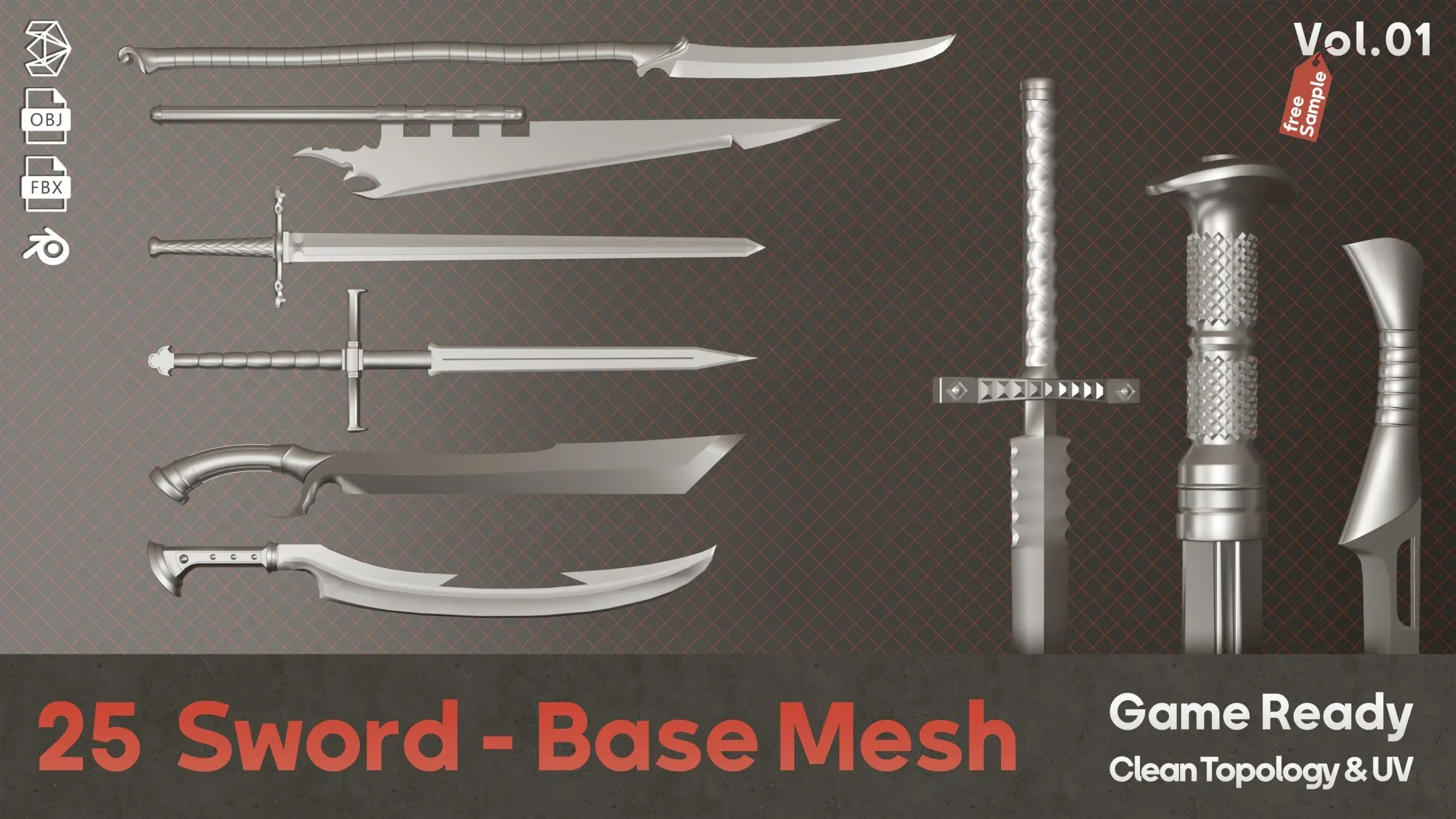 25 Sword Base Mesh - Vol 01 ( Game - FlippedNormals