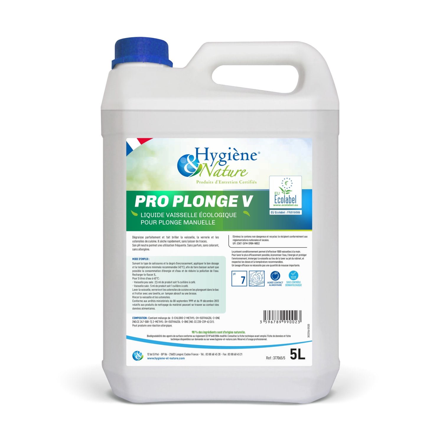 Liquide vaisselle plonge manuelle Ecolabel Hygiène et Nature Pro Plonge V bidon de 5L | Paredes