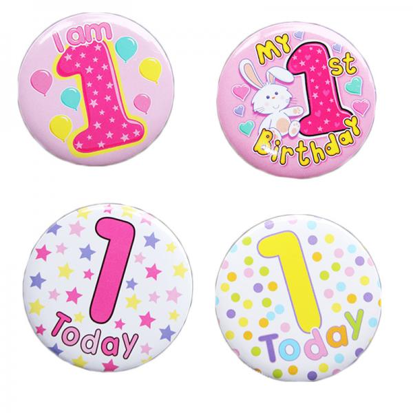 Happy 1st Birthday Badge Girl Design - Party Supplies - PartyLady