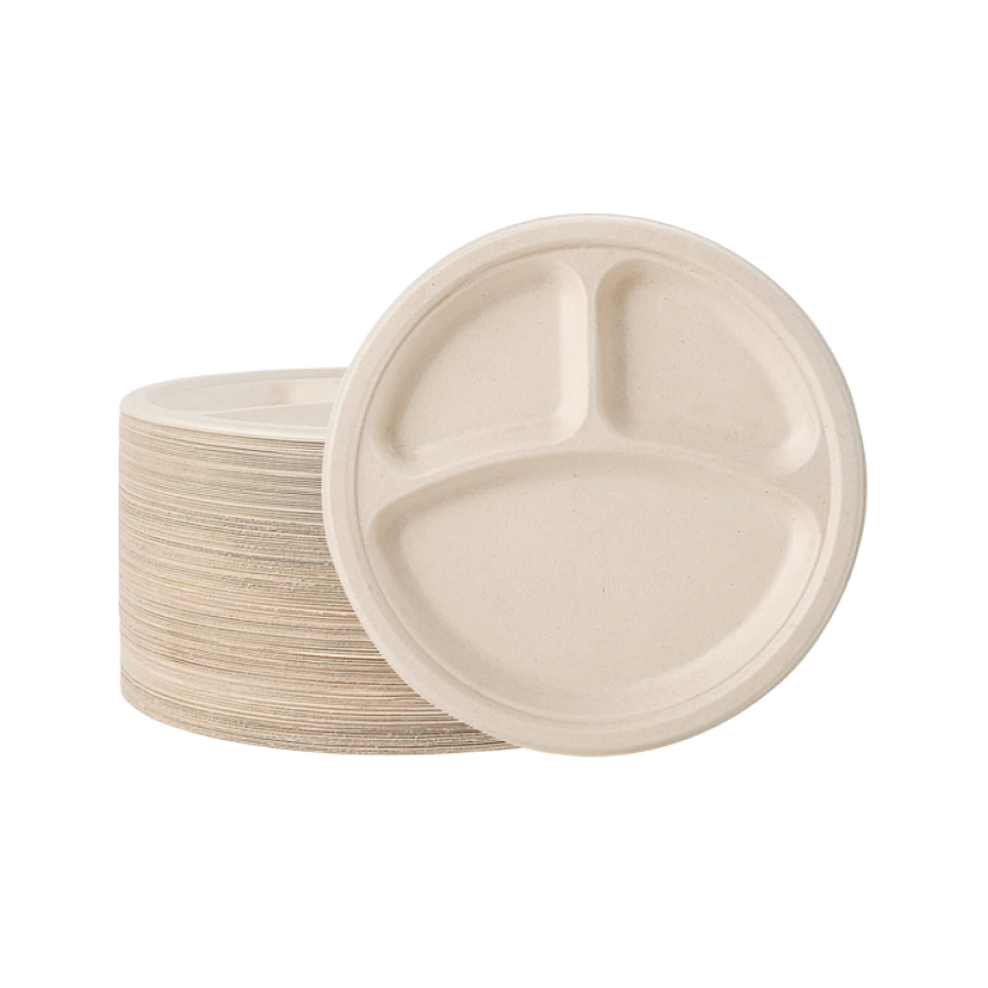 10" Disposable Round Bagasse Plates | 3-Compartment | Packachange
