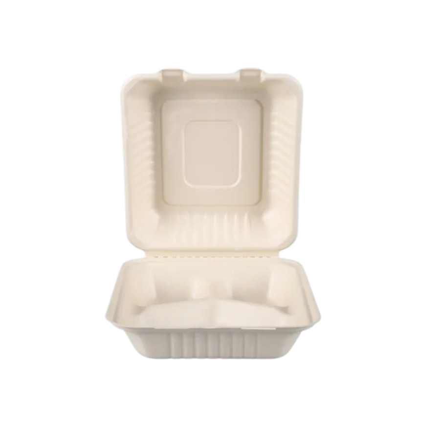 8"x8"x2.5" Sugarcane Take Out Containers | 3-Compartment | Packachange