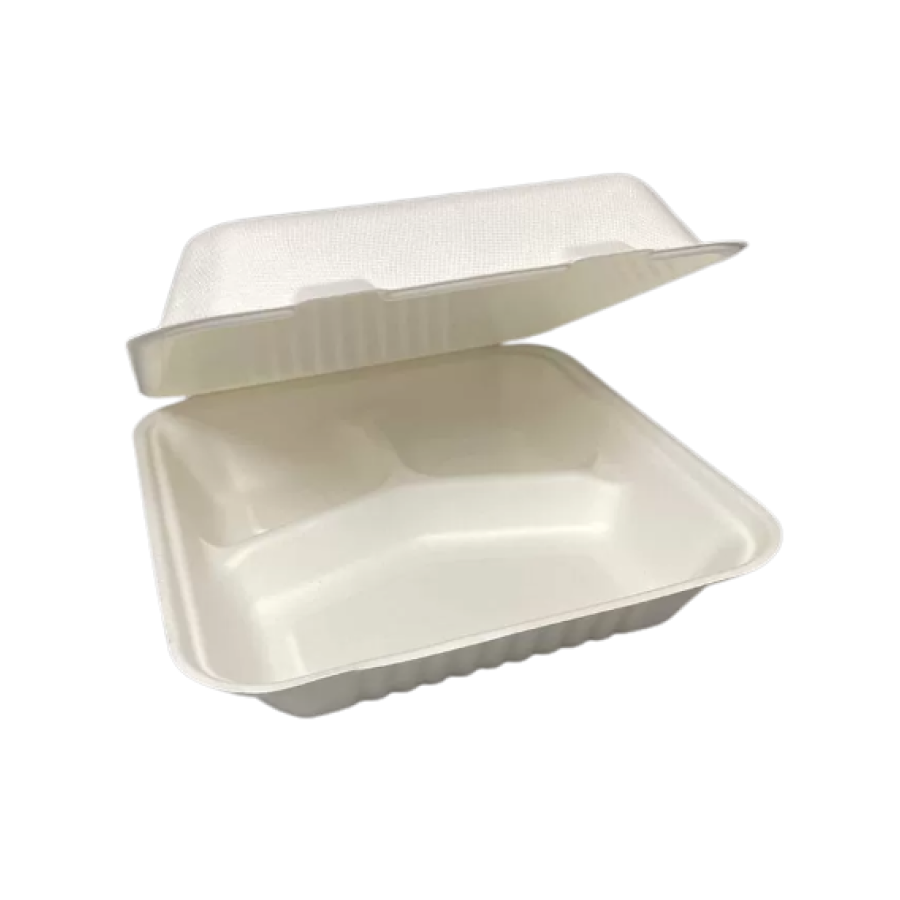 Sugarcane Bagasse Clamshell White 9"X9"X3"Containers-3Comb | Packachange