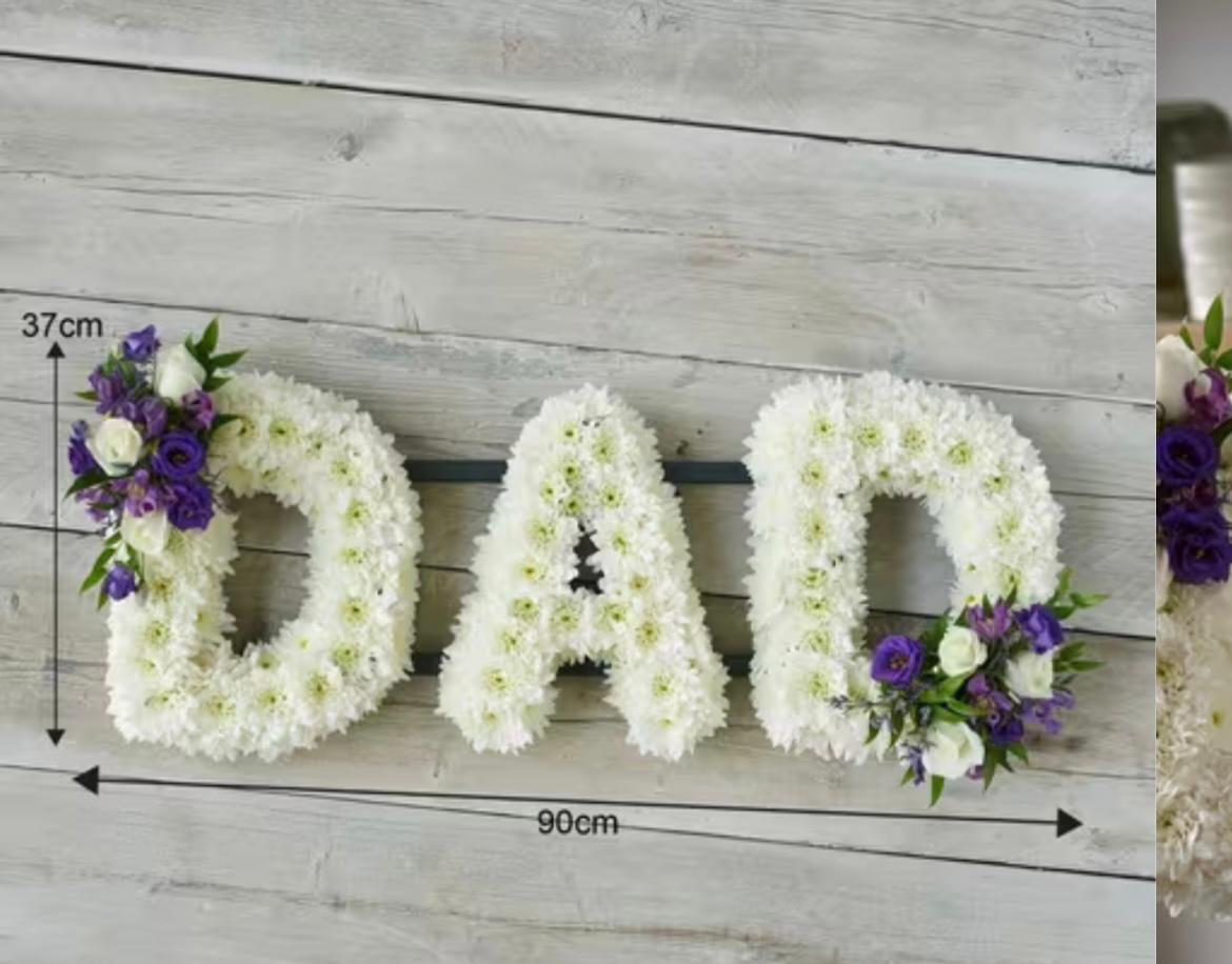 “DAD” Funeral Tribute Letters – White Floral Base Arrangement