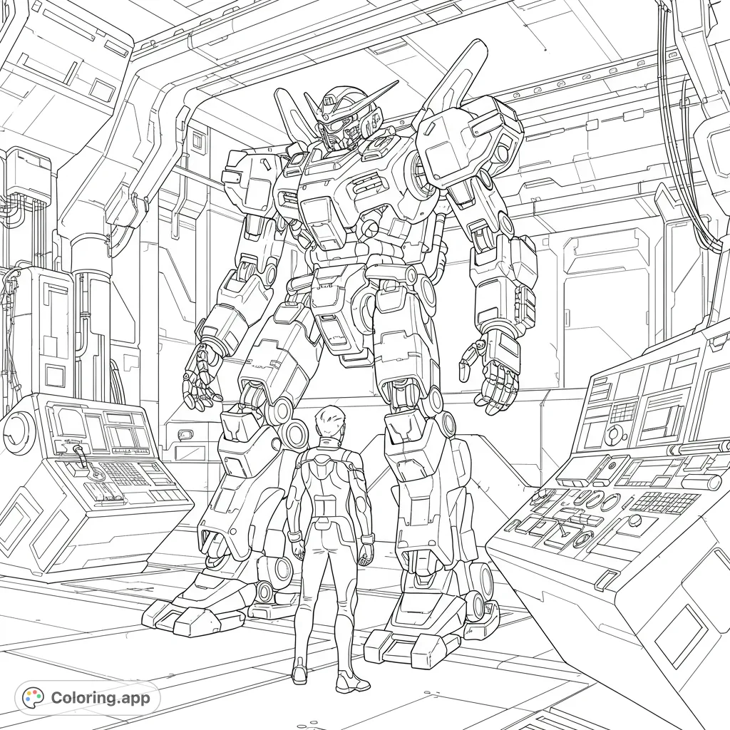 Mecha Pilot and Giant Robot Coloring Page - Coloring.app