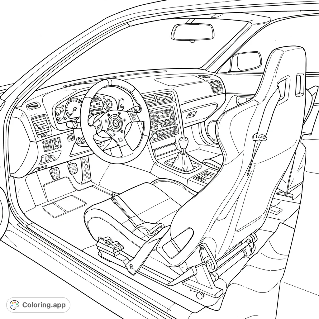 JDM Sports Car Cockpit Coloring Page - Coloring.app