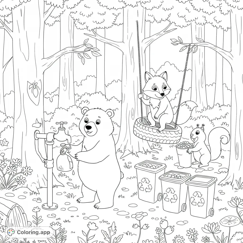 Forest Friends Recycling Adventure Coloring Page - Coloring.app
