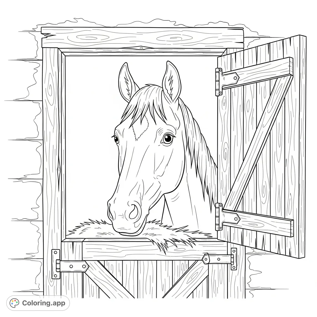 Curious Horse at Barn Door - Coloring.app