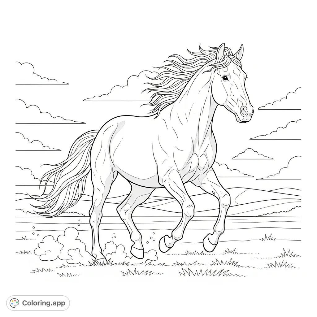Galloping Horse in Open Field - Coloring.app