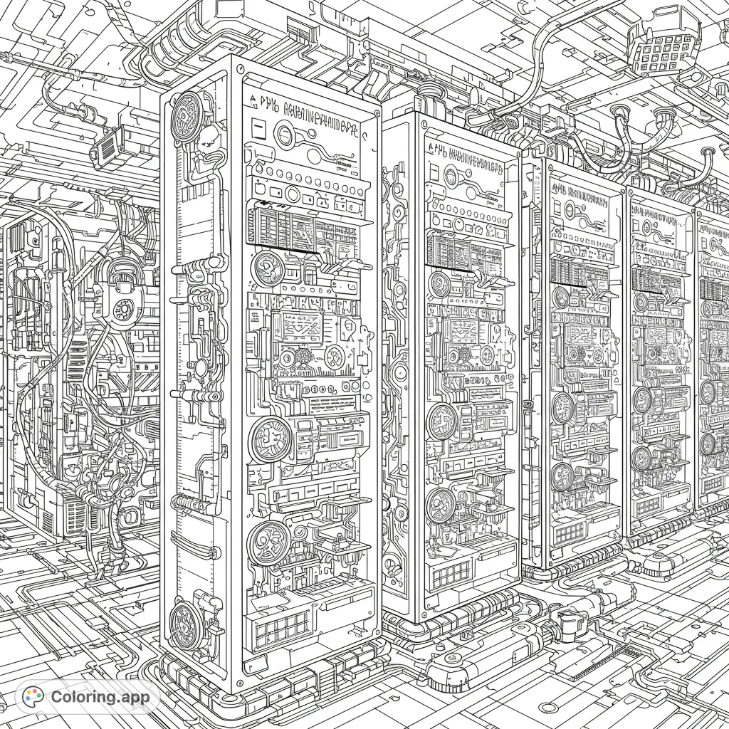 Intricate Futuristic Server Room - Coloring.app