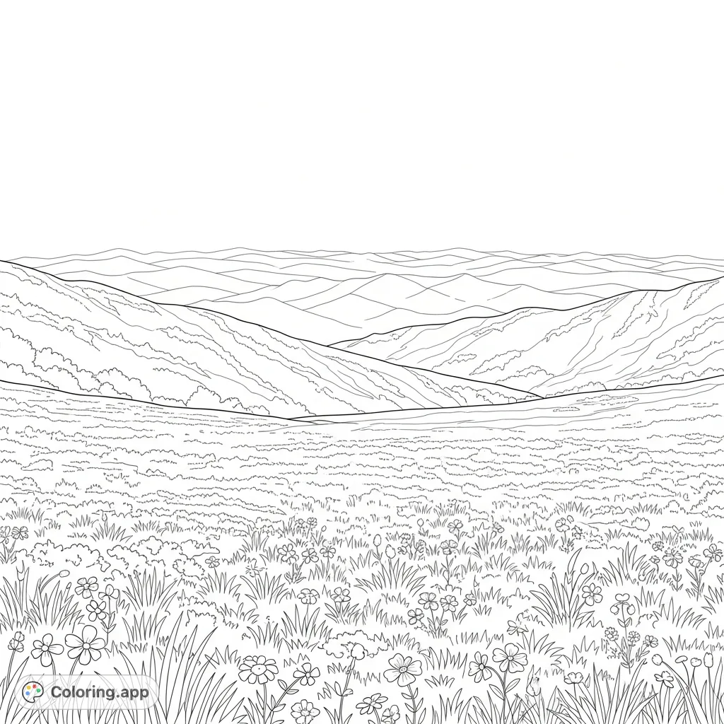 Layered Mountain Meadow Vista - Coloring.app