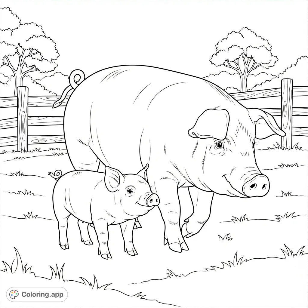 Mother Pig and Piglet Stroll - Coloring.app