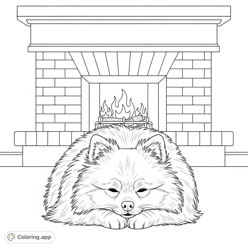 Pomeranian by a Cozy Fireplace - Coloring.app