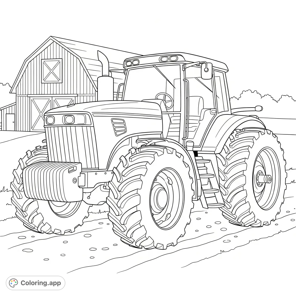 Powerful Farm Tractor by Barn - Coloring.app