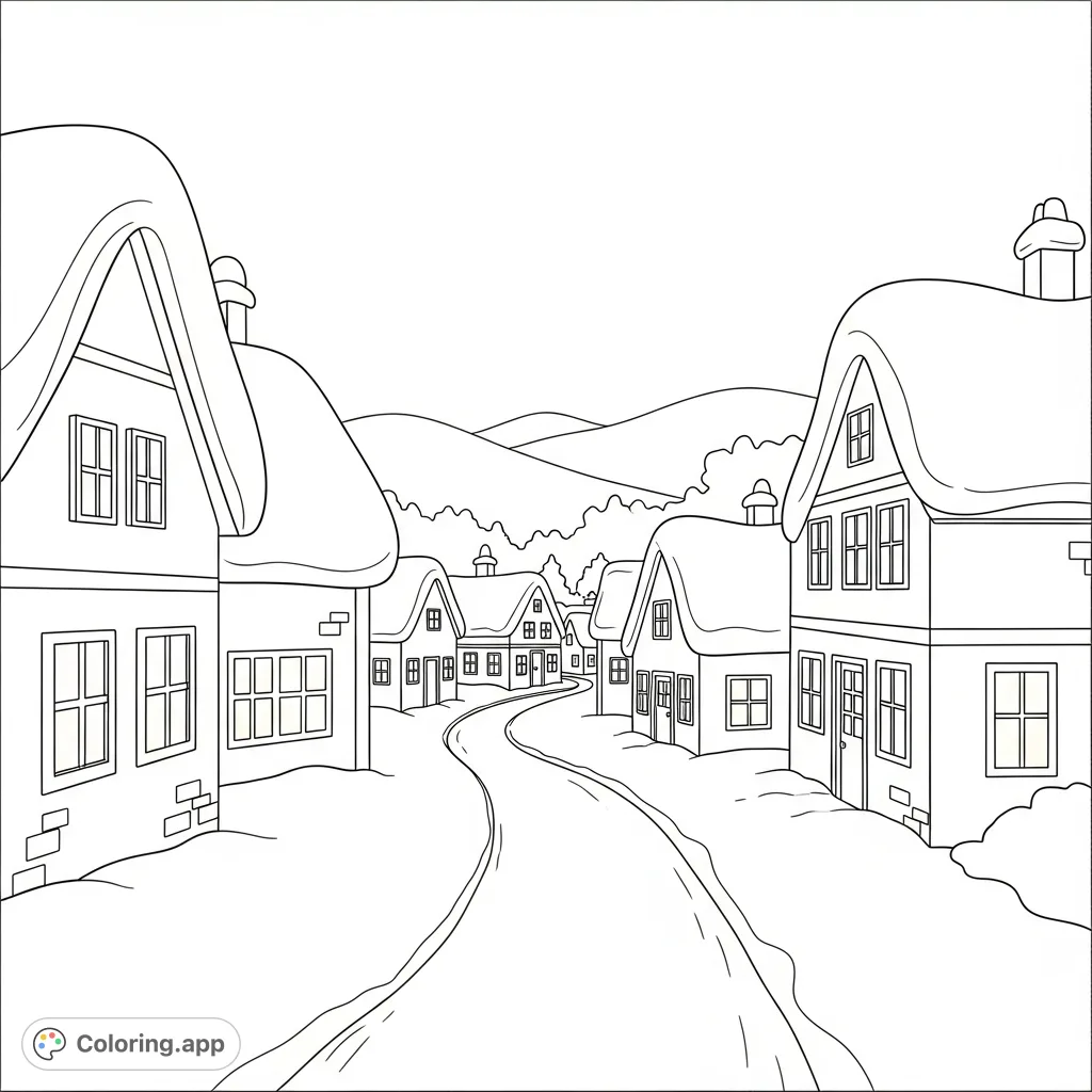 Snowy European Village Street - Coloring.app