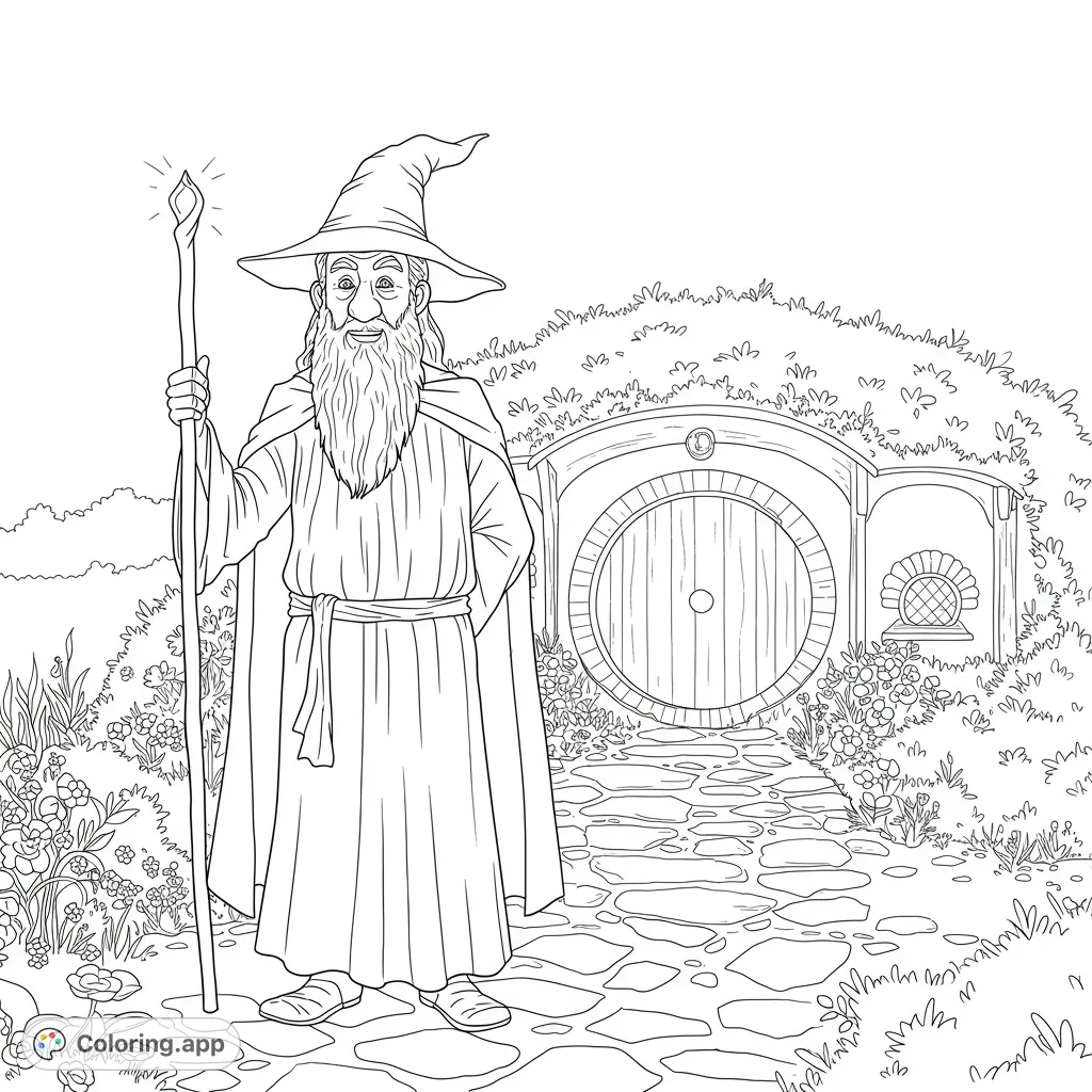 Gandalf and Hobbit Hole Coloring Page - Coloring.app