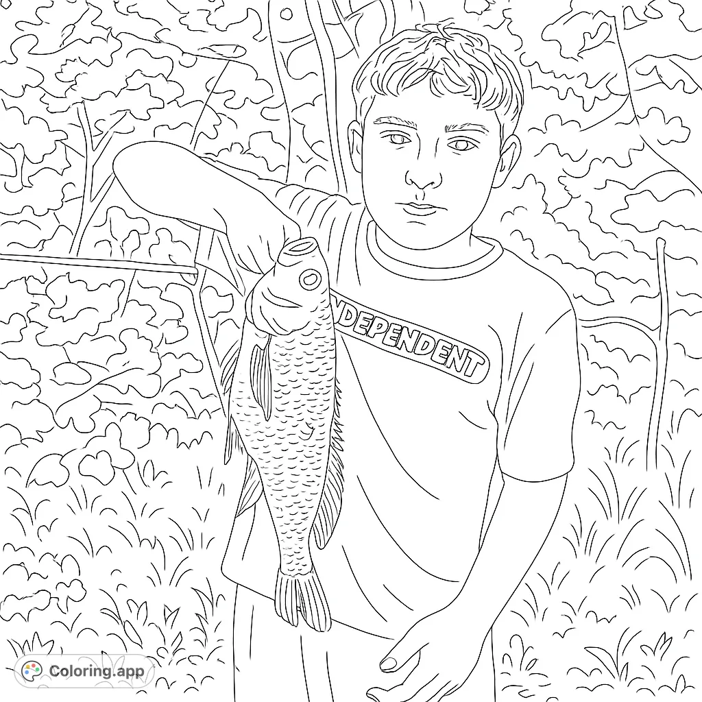 Boy's Fishing Catch Coloring Page - Coloring.app