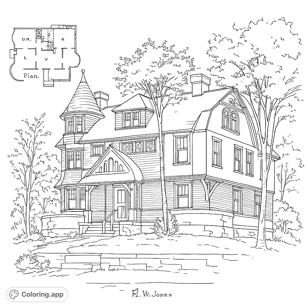 Vintage Home Architecture Coloring Page - Coloring.app