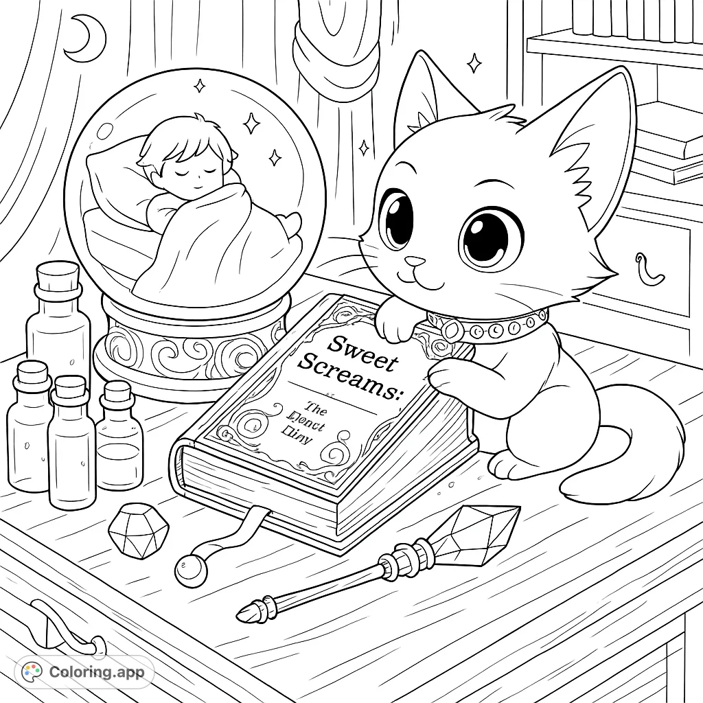 Dreamy Cat Magic Coloring Page - Coloring.app