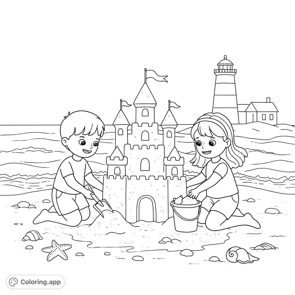 Kids Building Beach Sandcastle - Coloring.app