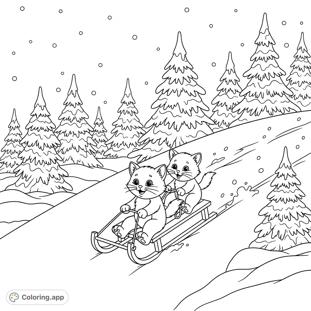 Kittens' Snowy Sledding Adventure - Coloring.app