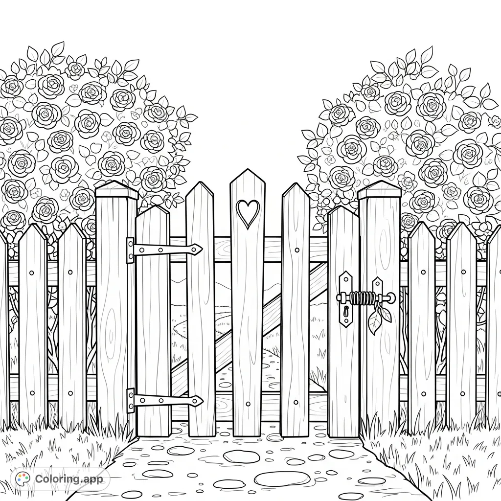 Charming Garden Gate with Roses - Coloring.app