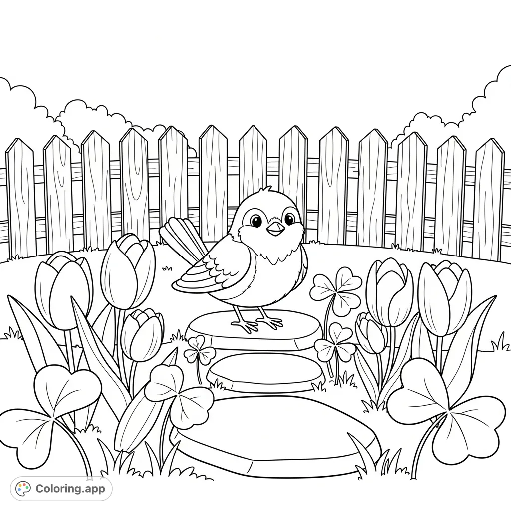 Cheerful Garden Bird Scene - Coloring.app
