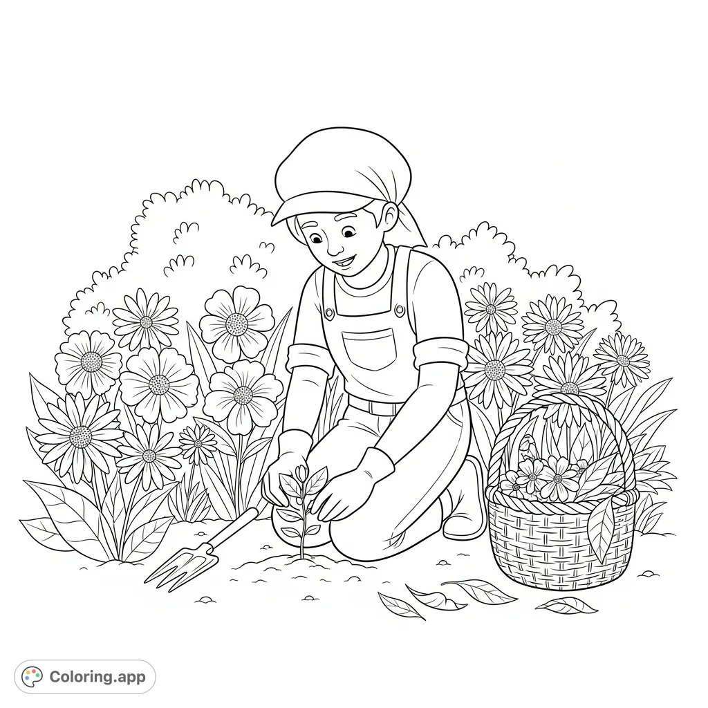 Cheerful Gardener Amidst Blooms - Coloring.app