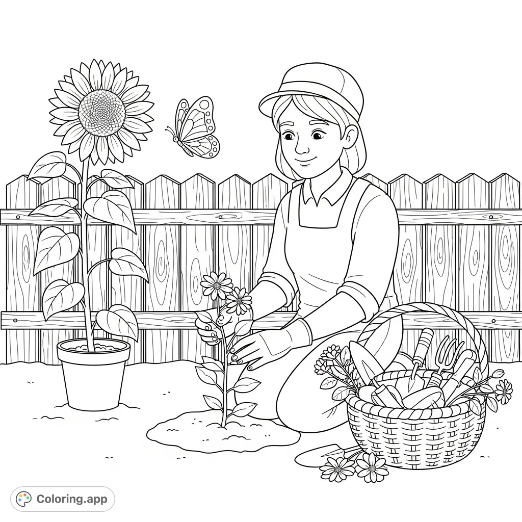 Cheerful Gardener's Tranquil Garden - Coloring.app