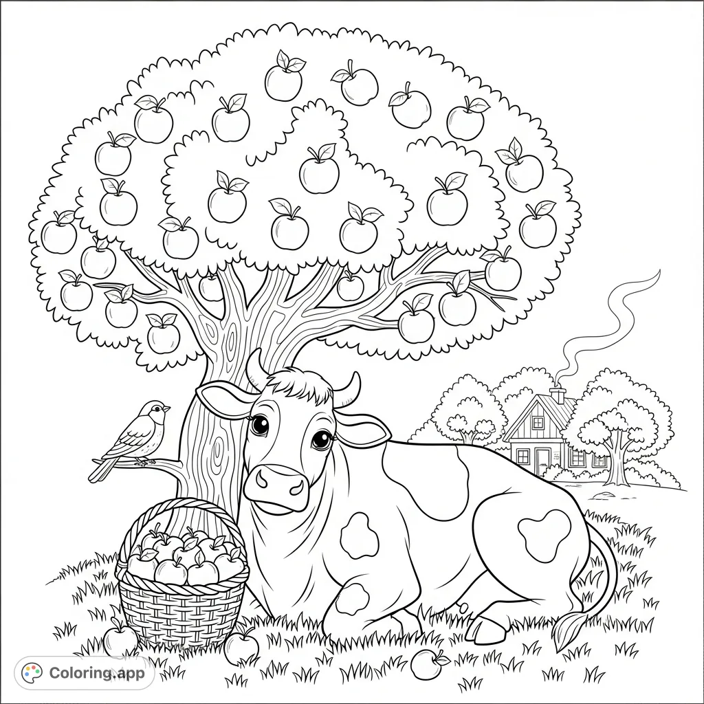 Contented Cow Under Apple Tree - Coloring.app