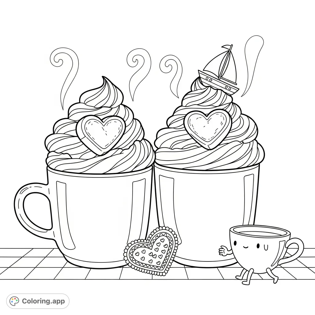 Cozy Cocoa Heart Mugs - Coloring.app