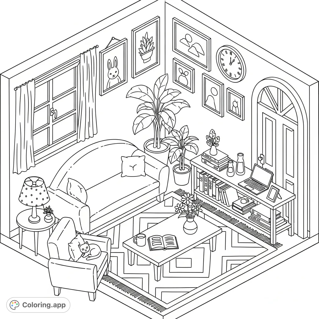 Cozy Living Room Scene - Coloring.app