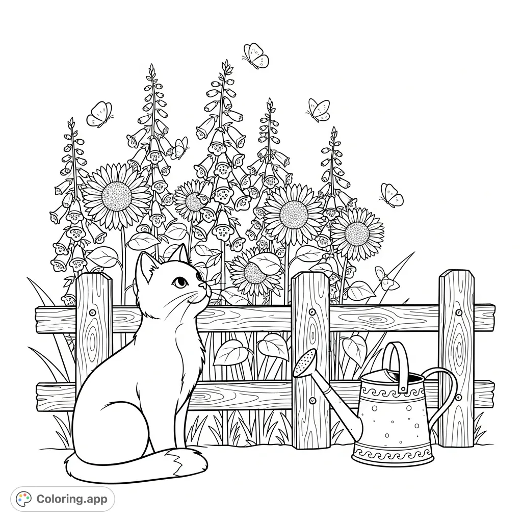Farm Cat and Summer Blooms - Coloring.app