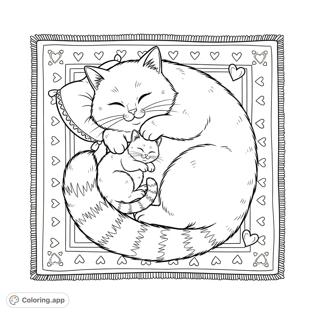 Fluffy Mother Cat and Kitten - Coloring.app