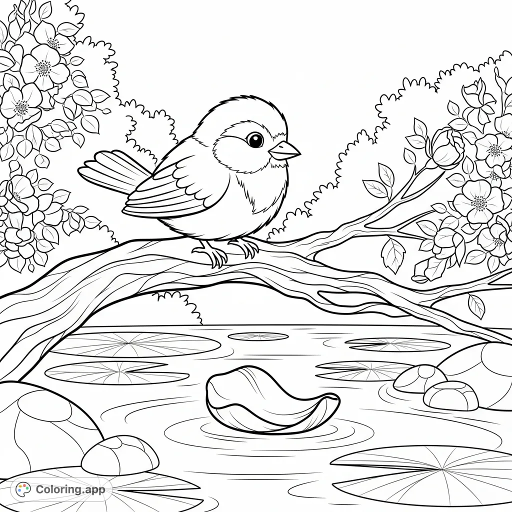 Garden Bird and Rose Pond - Coloring.app
