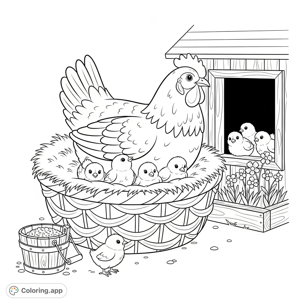 Nurturing Hen and Chicks - Coloring.app