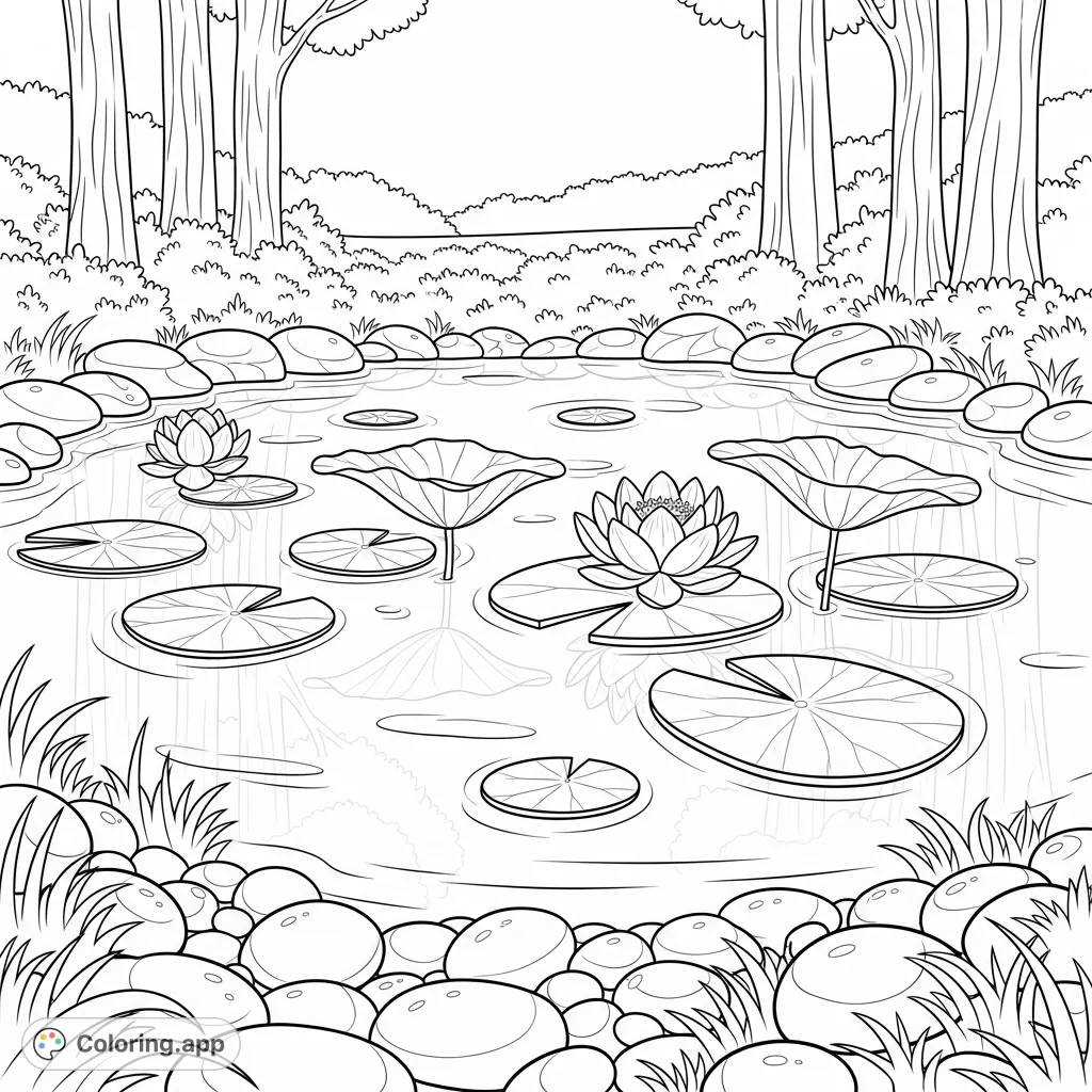 Peaceful Garden Pond Scene - Coloring.app