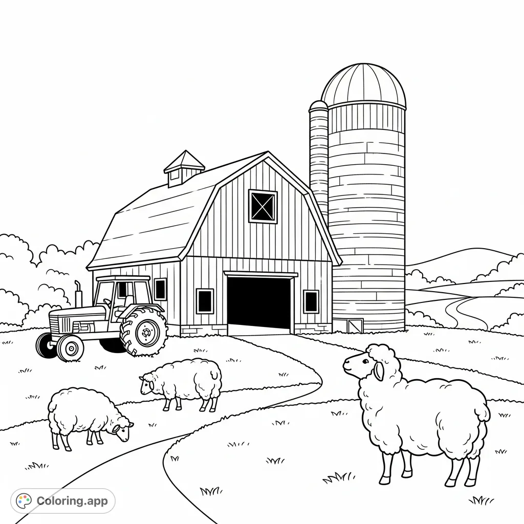Rustic Barn and Grazing Sheep - Coloring.app