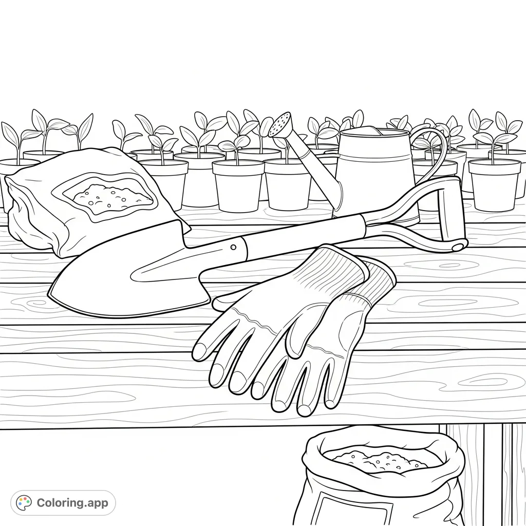 Rustic Potting Bench Scene - Coloring.app