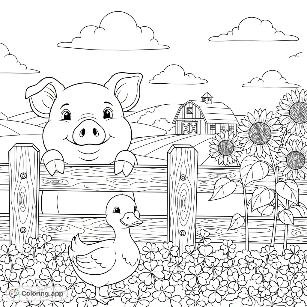 Smiling Pig and Duck Farm - Coloring.app