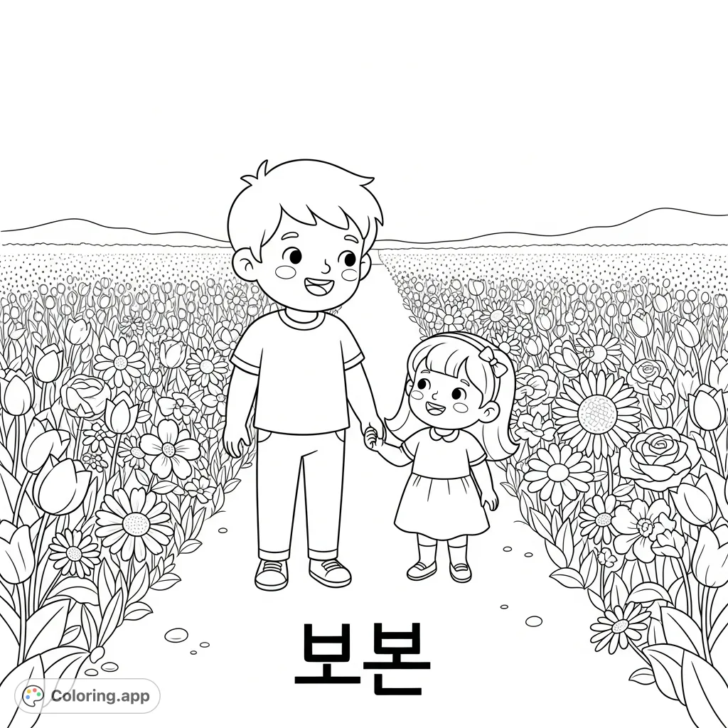 Siblings in Flower Field - Coloring.app