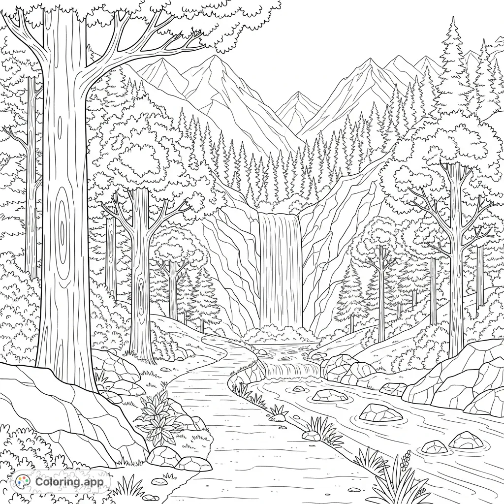 Mountain Path Waterfall Journey - Coloring.app