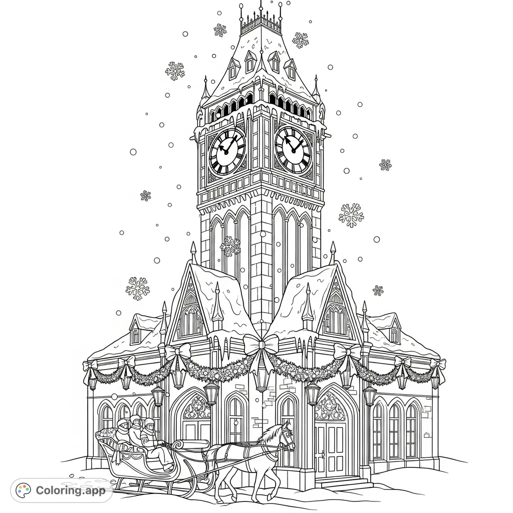 Festive Winter Clock Tower Scene - Coloring.app