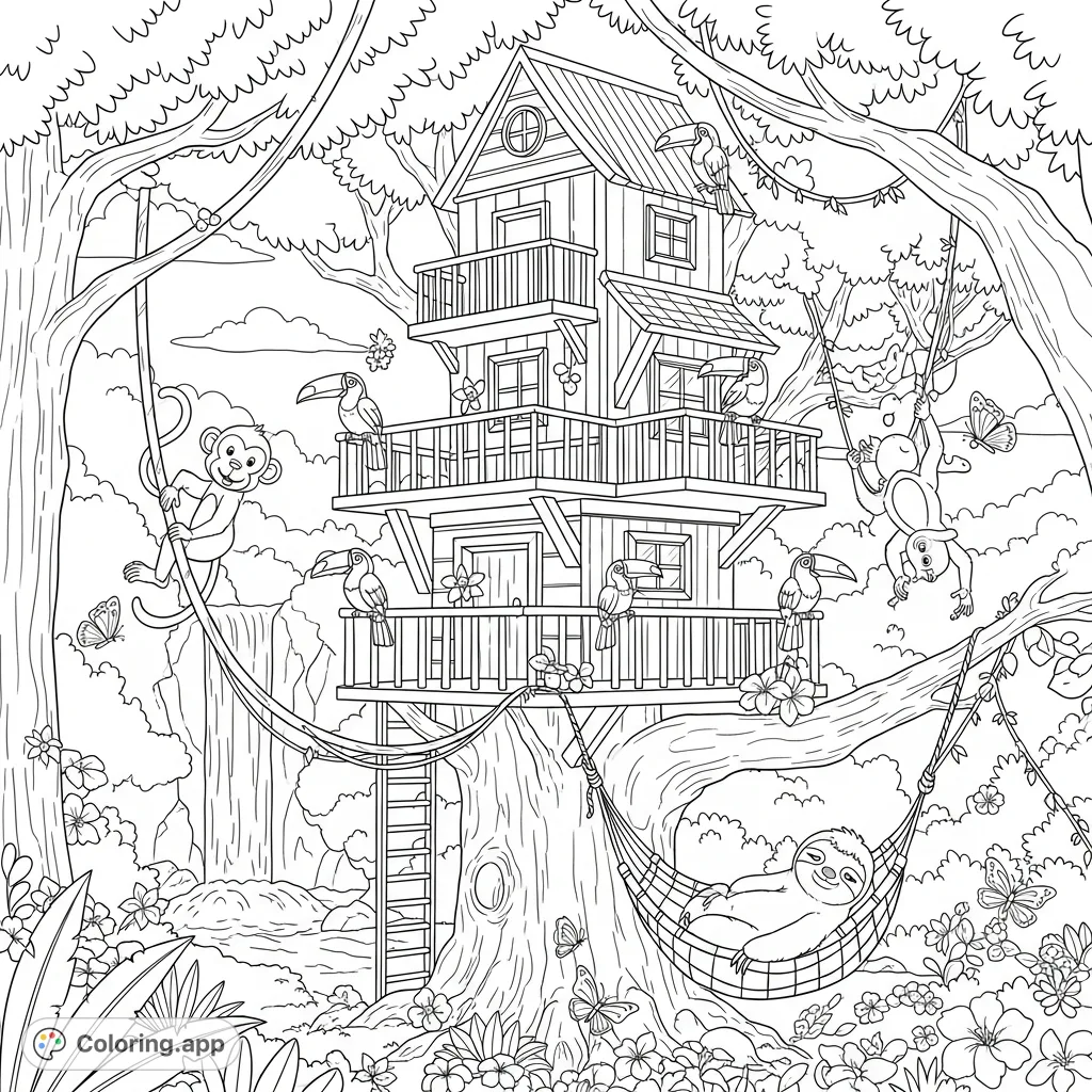 Rainforest Treehouse Sanctuary - Coloring.app