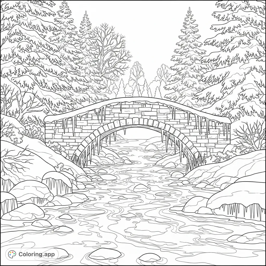 Tranquil Winter Stone Bridge Scene - Coloring.app