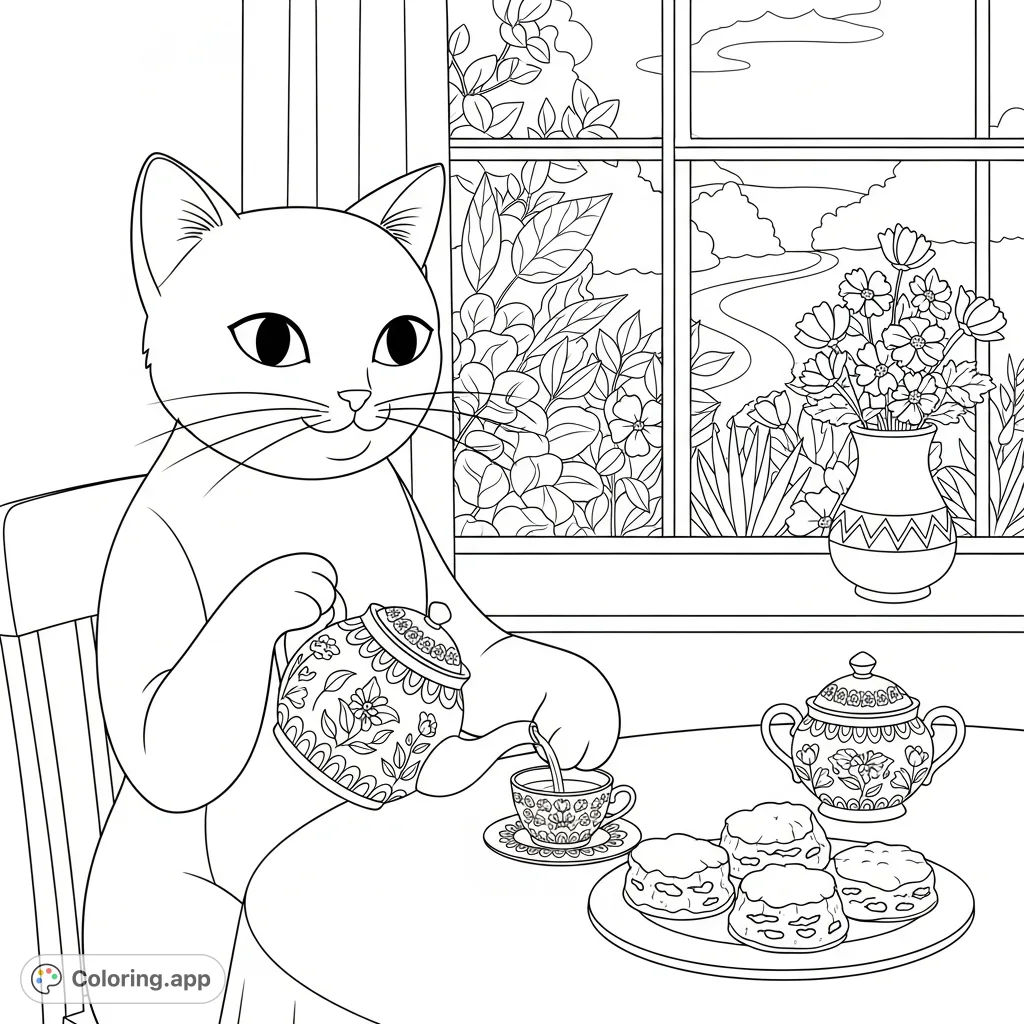 Cozy Kawaii Cat Tea Time - Coloring.app