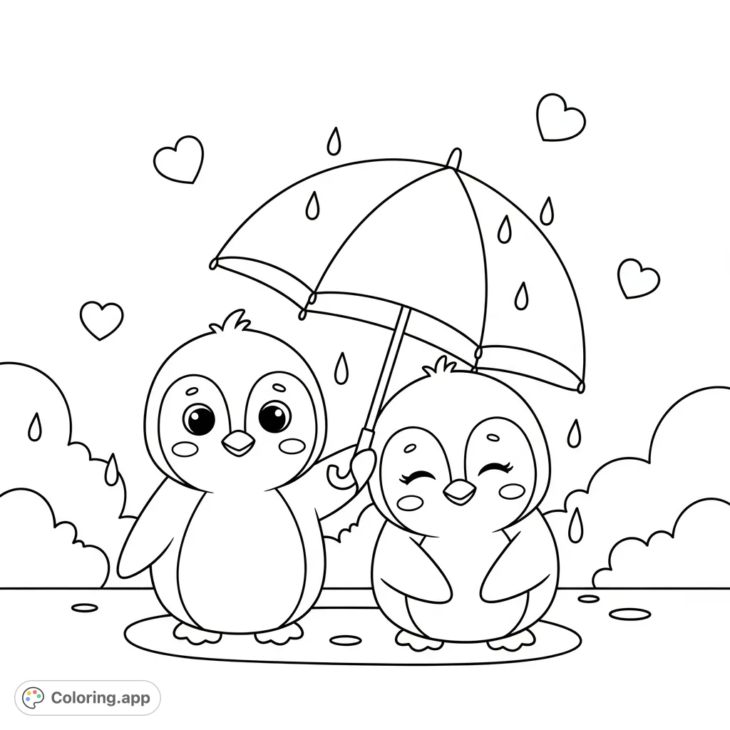 Cozy Penguins Under Umbrella - Coloring.app
