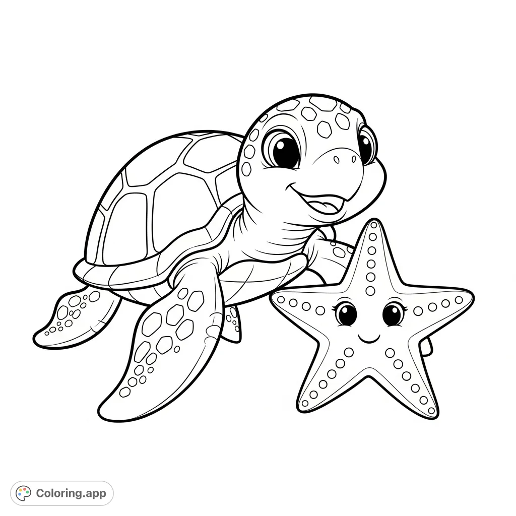 Friendly Turtle and Starfish Duo - Coloring.app
