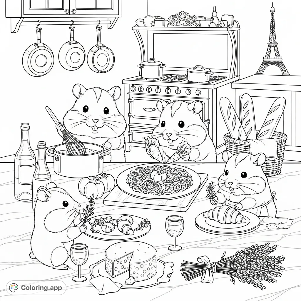 Hamsters' Cozy French Feast - Coloring.app