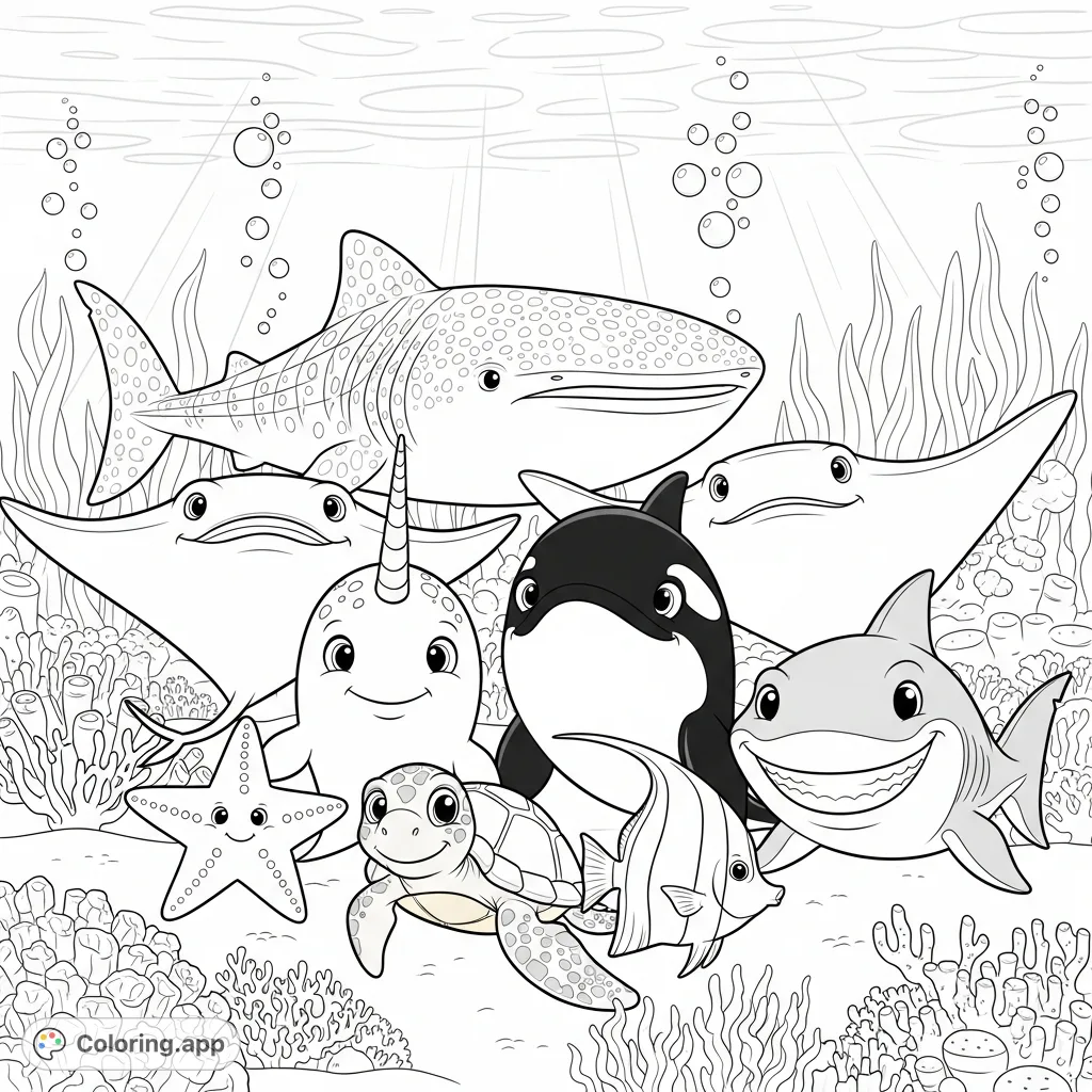 Happy Ocean Friends Group Photo - Coloring.app