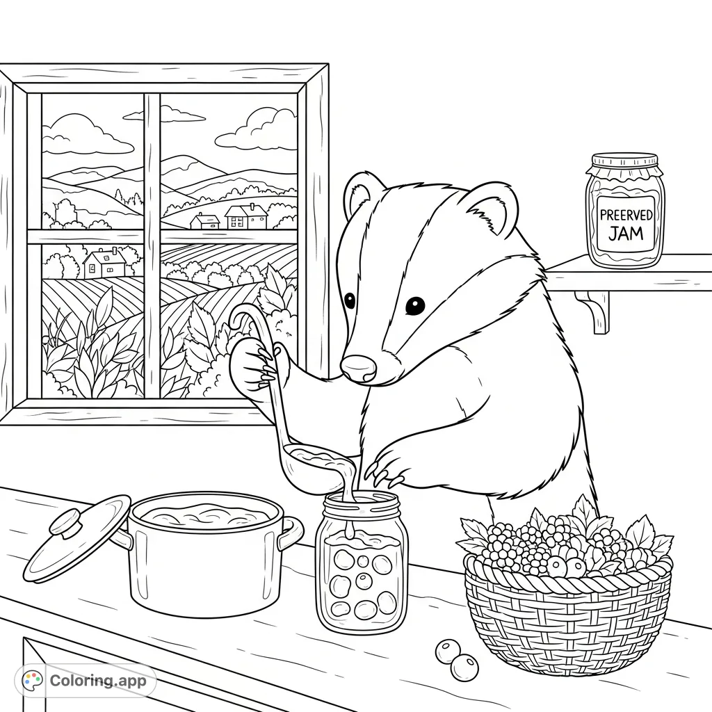 Kawaii Badger Jam Making - Coloring.app